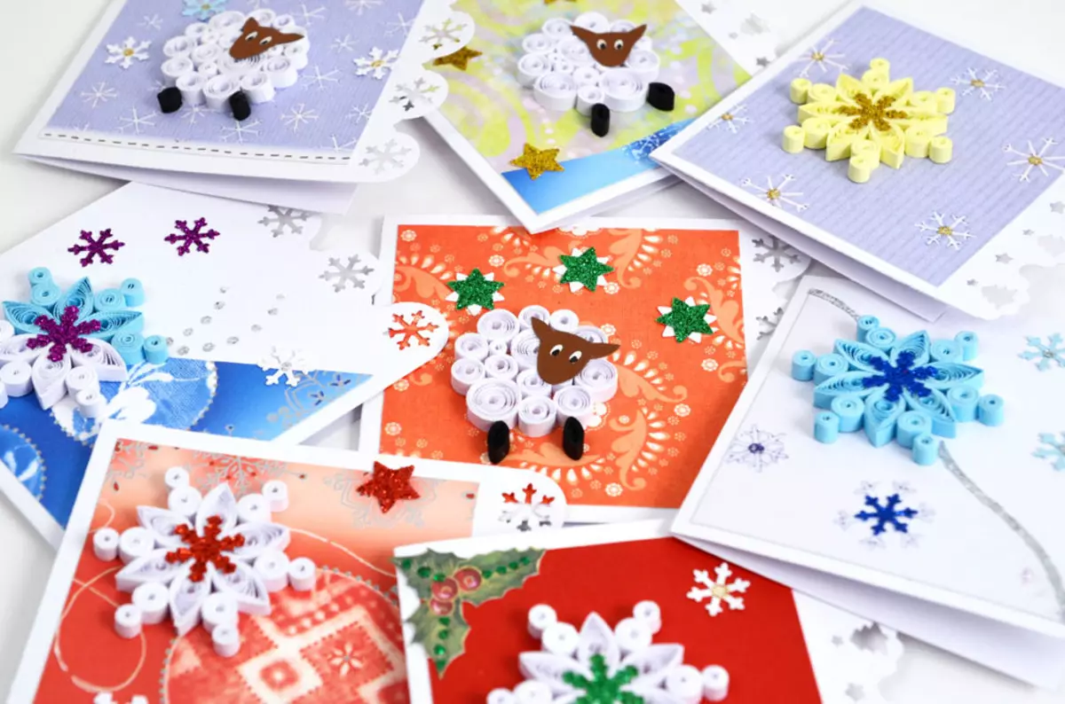 Quilling para sa bagong taon. Quilling: Postkard, Snowmen, Christmas toy, Christmas trees, simbolo ng 2015