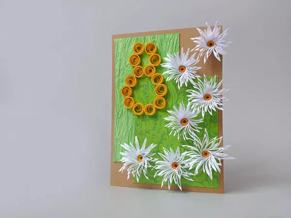 8 মার্চ জন্য পোস্টকার্ড এবং হস্তশিল্প একটি quilling কৌশল নিজেকে এটি করতে