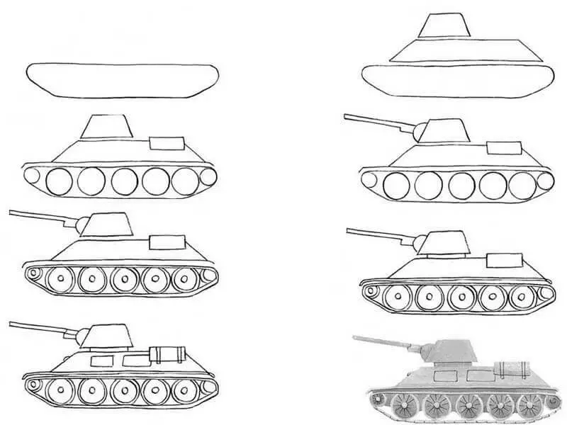 Desenho de tanque. Como desenhar um tanque para uma criança em um lápis fasico? 205_10