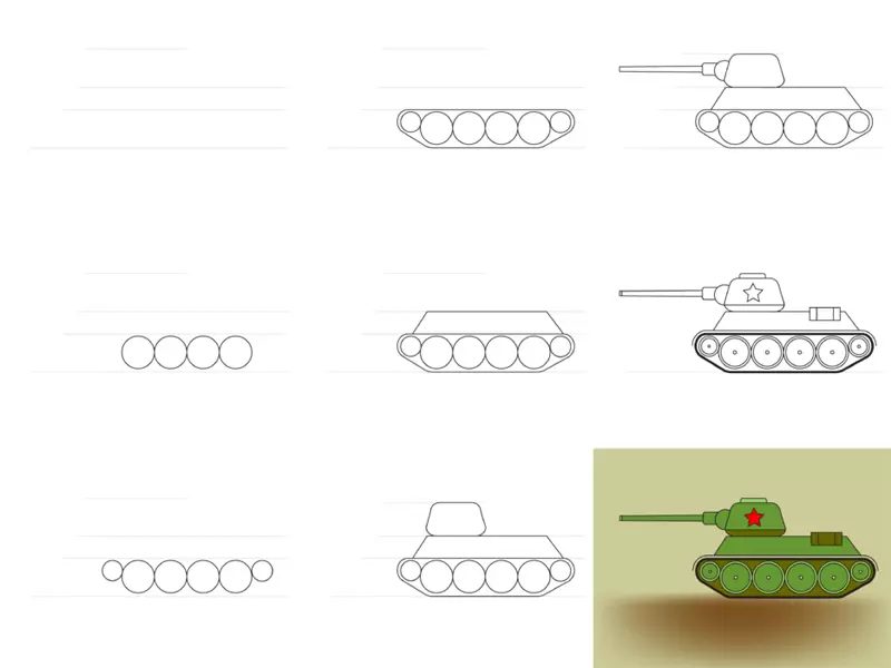 टैंक ड्राइंग। एक चाइल्ड पेंसिल में एक बच्चे को एक टैंक कैसे आकर्षित करें? 205_4