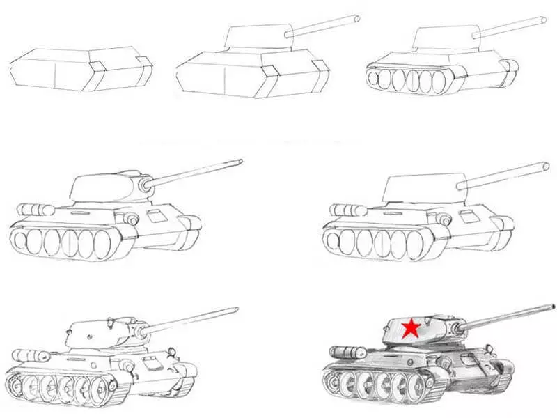 Tank joonis. Kuidas joonistada tank lapsele faasilise pliiatsiga? 205_6