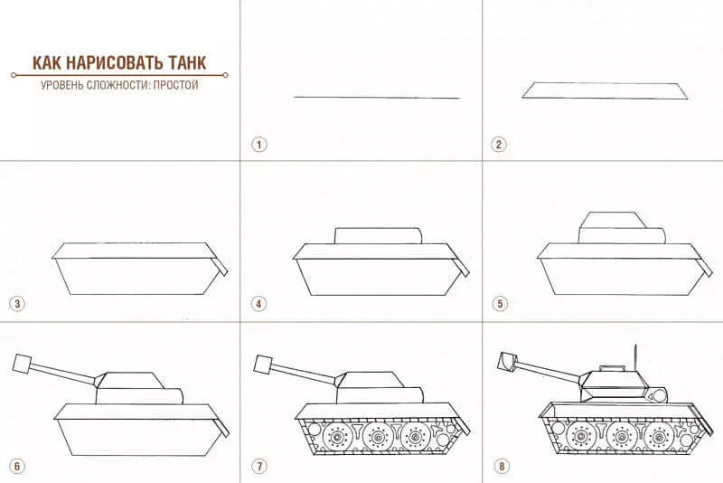 Vẽ xe tăng. Làm thế nào để vẽ một chiếc xe tăng cho một đứa trẻ trong một cây bút chì theo giai đoạn? 205_8