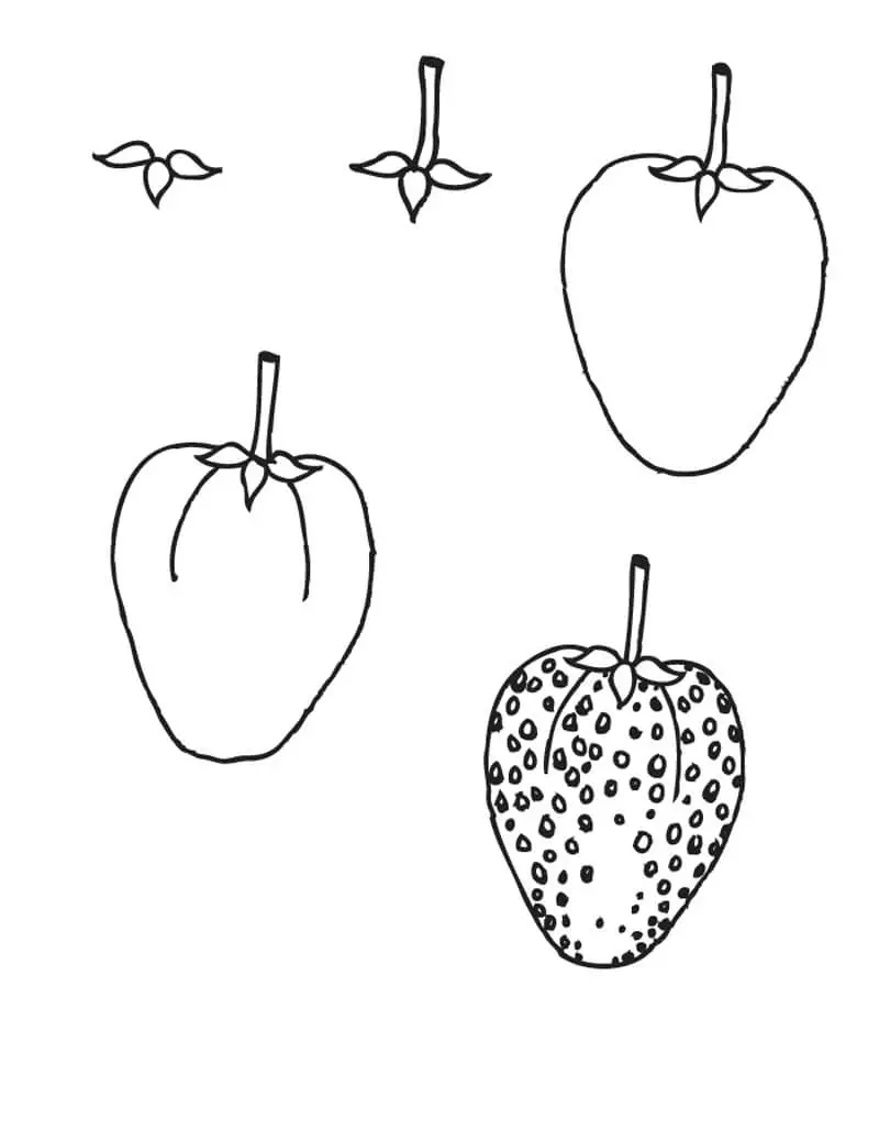 പെൻസിൽ ഘട്ടംഘട്ടമായി സ്ട്രോബെറി എങ്ങനെ വരയ്ക്കാം. സെല്ലുകളിൽ സ്ട്രോബെറി 2709_2