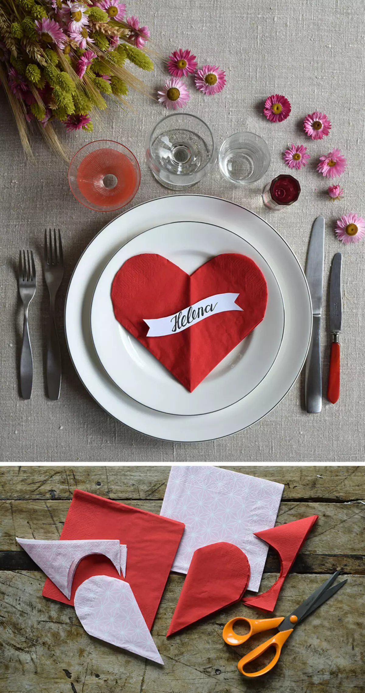从餐巾的心脏。情人节，婚礼或浪漫晚餐的桌子的装饰 2999_5