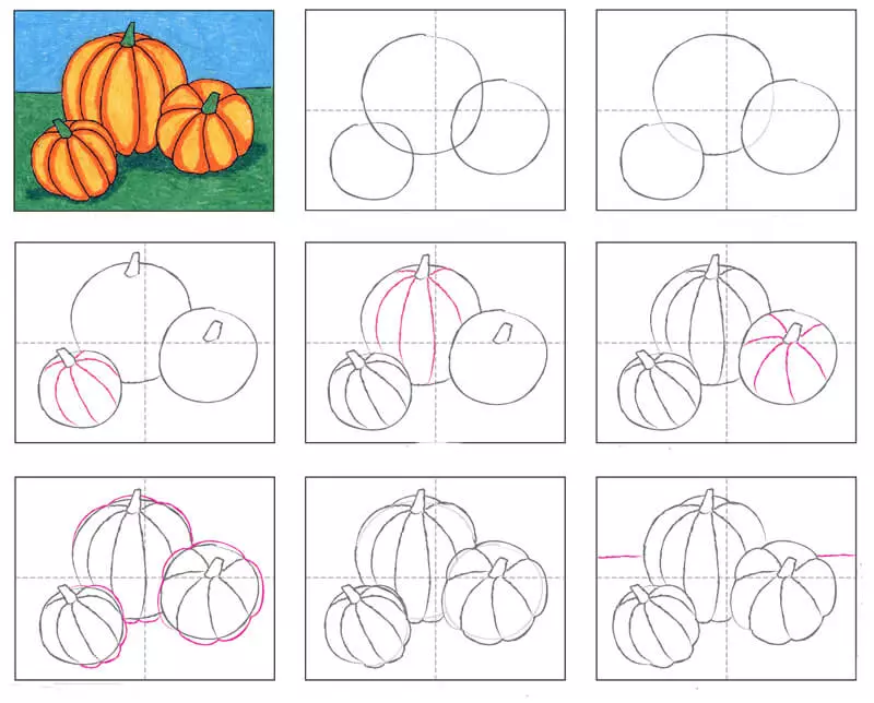 Pampoentekening op Halloween. Hoe om pampoen in fases te teken? 3159_8